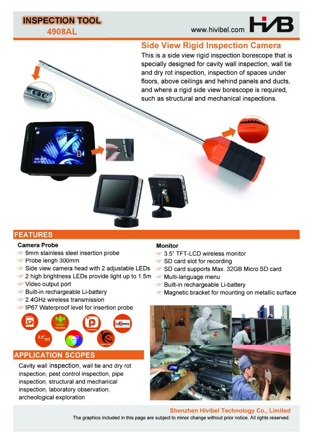9mm Side View Inspection Camera Rigid Borescope For Cavity Wall ...