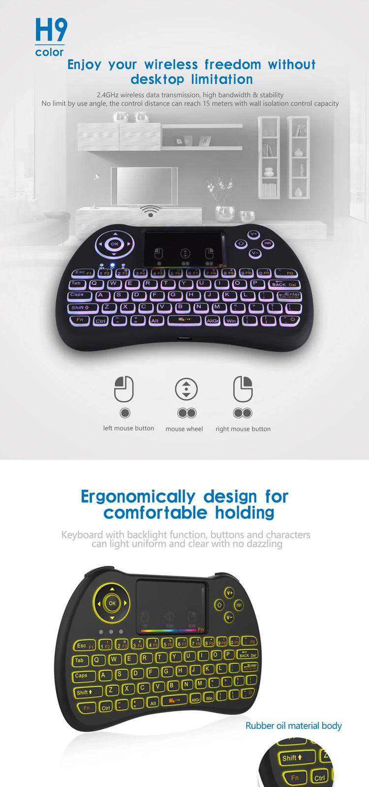 2.4ghz Mini Keyboard BT ROHS H9 Smart Keyboard with Touchpad