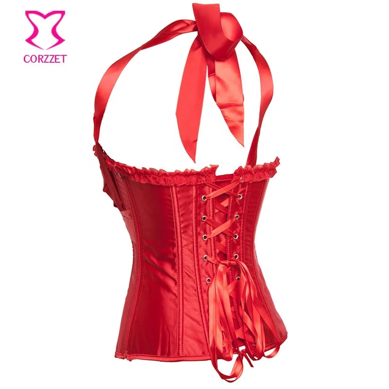 Corzzet Side Zipper Ribbon Halter Overbust Corset Top Front Bow Satin