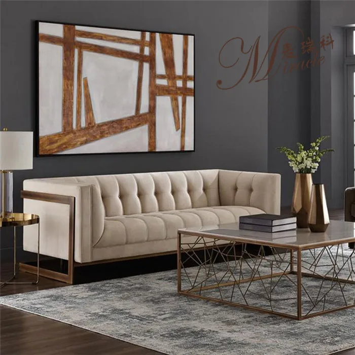 Concise Style Industrial Retro Copper Frame Grey Velvet Tufted Sofa