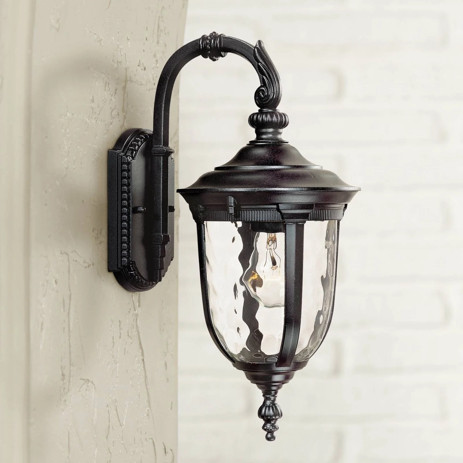 Rustic Outdoor Wall Light Fixture - Black Hammered Glass