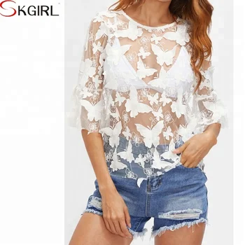 Sexy Women Loose Blouse Short Sleeve See-through Tops Crewneck T-shirt ...