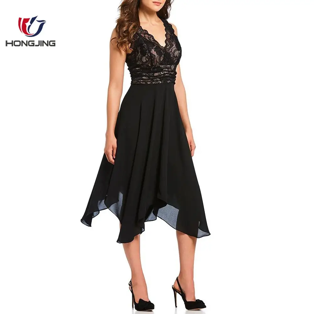 Women Wear Surplice V-neckline Lace Bodice Chiffon Skirt Dress Back ...