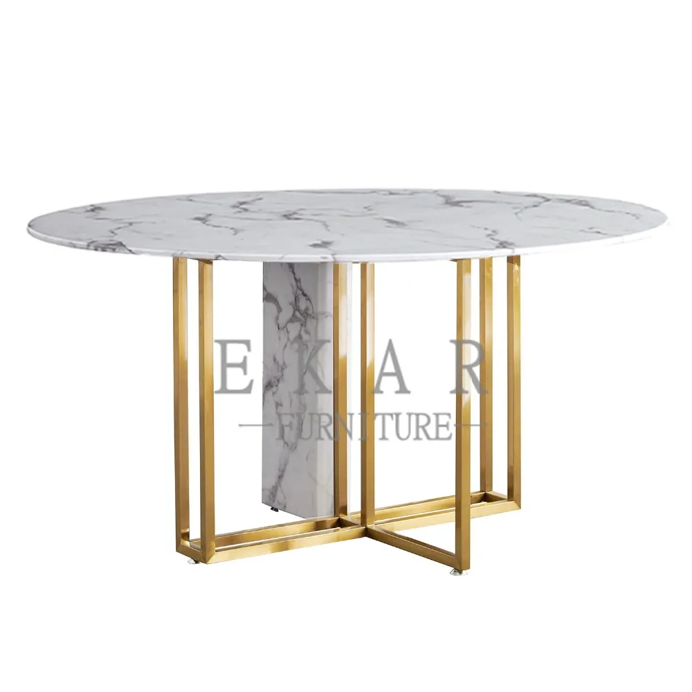 Modern Luxury Stainless Steel Titanium Natural Marble Round Dining ...