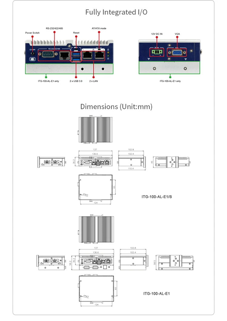 Iei Itg-100-al-e1/2gb/s Fanless Embedded Mini Pc With Intel Apollo Lake X5-e3930 1.3ghz (up To 1 ...