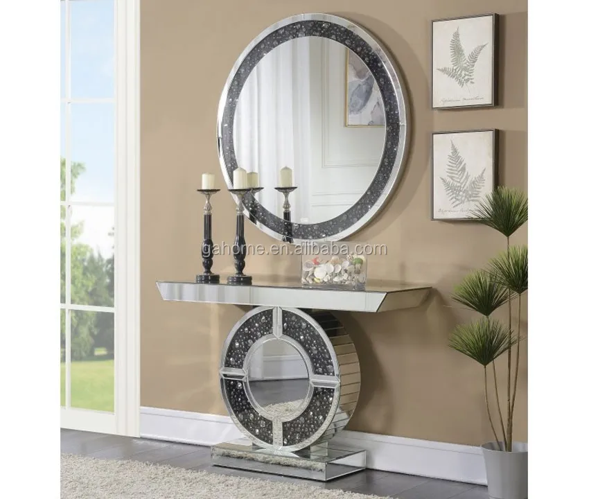 Hall Way Elegant Round Wall Black Crystal Mirror With Console Table ...