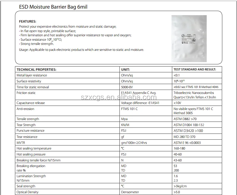 ESD MBB Moisture Barrier Vacuum Bag for Electronic Devices