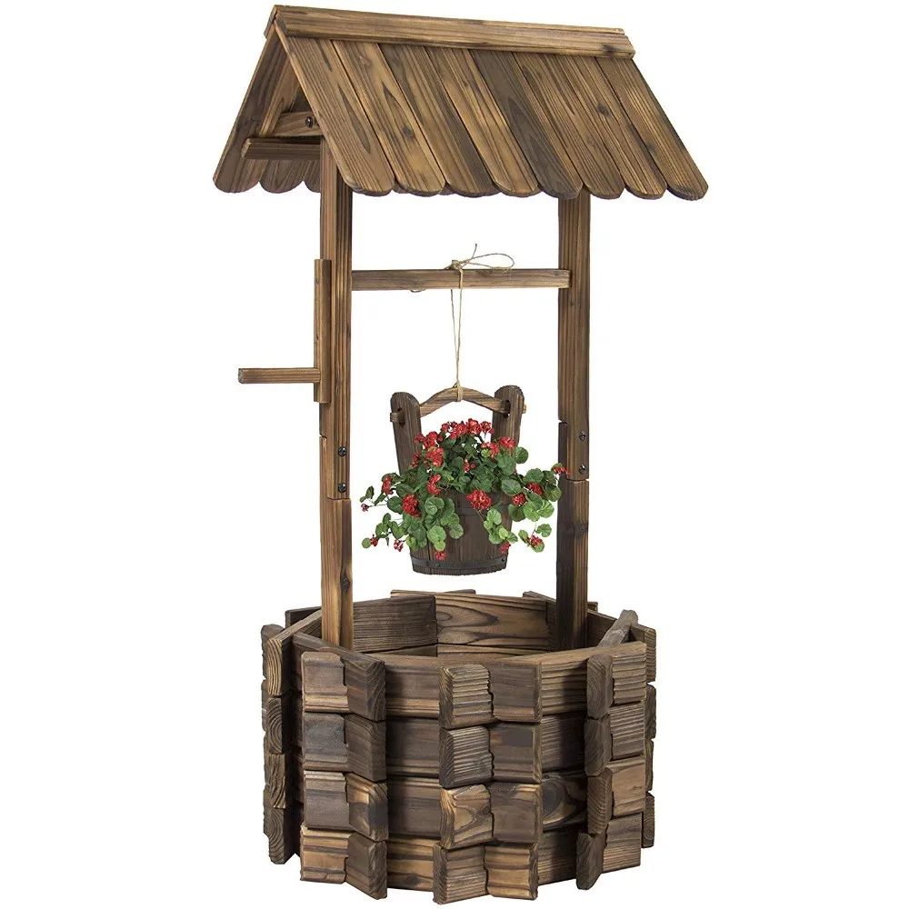 Rustic Wishing Well Bucket Outdoor Fir Wood Planter Wooden Wishing Well ...