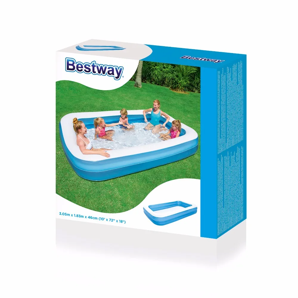 Bestway 305 X 183 X 46cm Double Rings Blue Rectangular Family Swimming ...