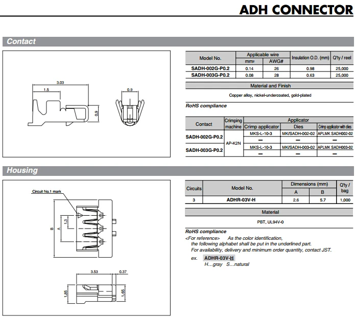 Jst-conector De Terminal,Serie Adh,Paso De 1,3mm,Conector De Cable De Sadh-002g-p0.2 A Placa ...