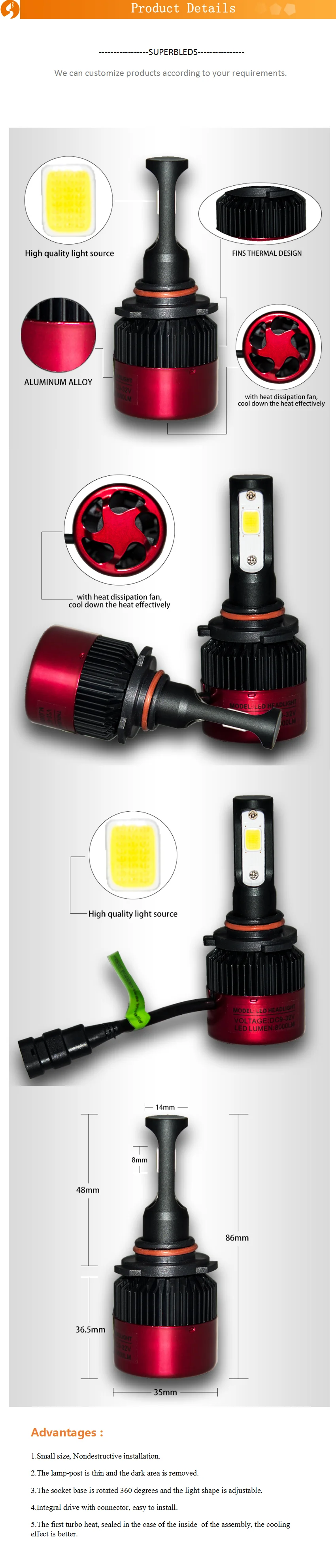 S2 Led Headlight Bulb 9006 Led Headlight 12 Volts 12v Aluminum Alloy ...
