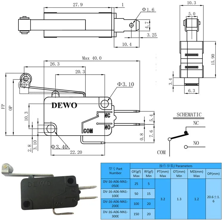 Miniature Micro Switch with Solder Terminal - DEWO DV-16-A06-NN1-100E