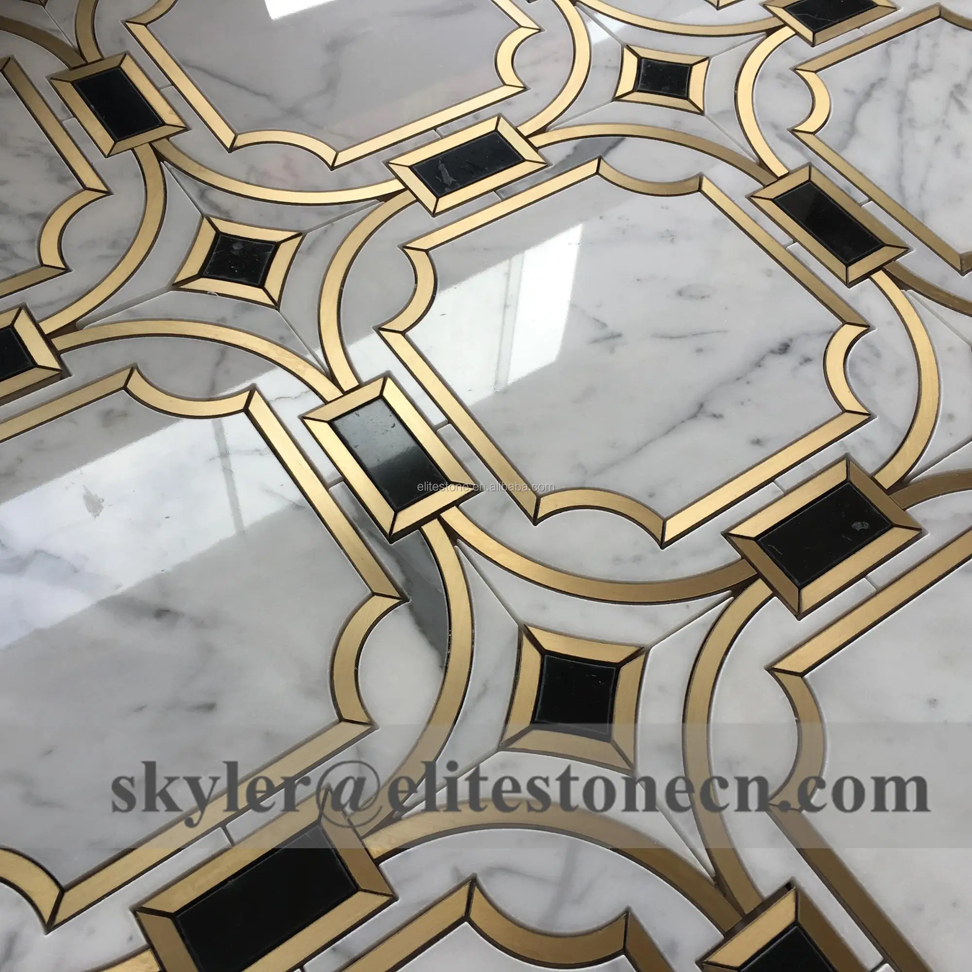 Marble Mosaic Waterjet Tile Brass Insert Backsplash Tiles for Kitchen