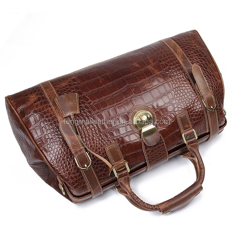 Brown Crocodile Leather Weekender Travel Bag Men Large Outdoor Genuine ...