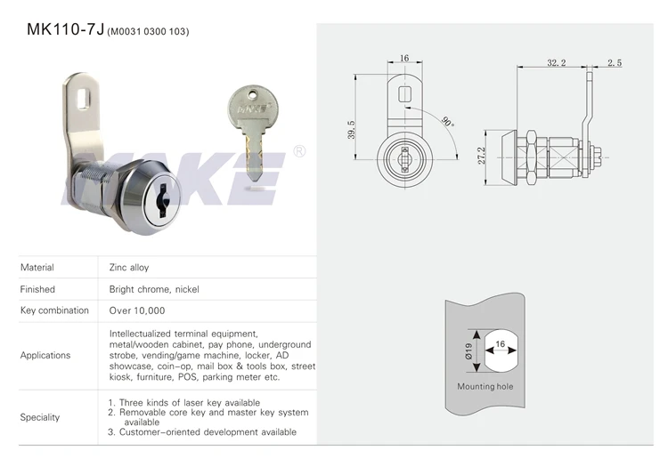 MK110-7J Metal Wooden Cabinet Lock – Zinc Alloy Cylinder Lock with Key ...