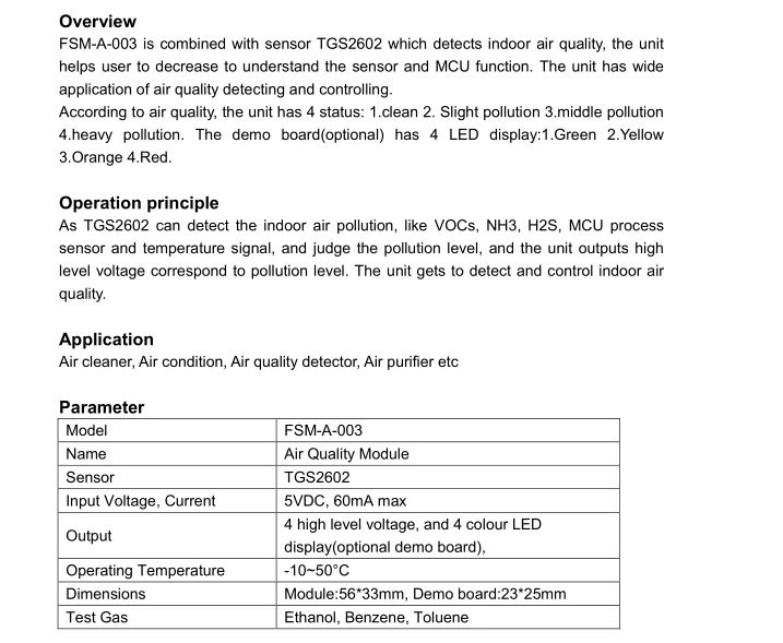 피가로 실내 공기질 모니터 모듈 TGS2602 가스 센서 FSM-A-003| Alibaba.com