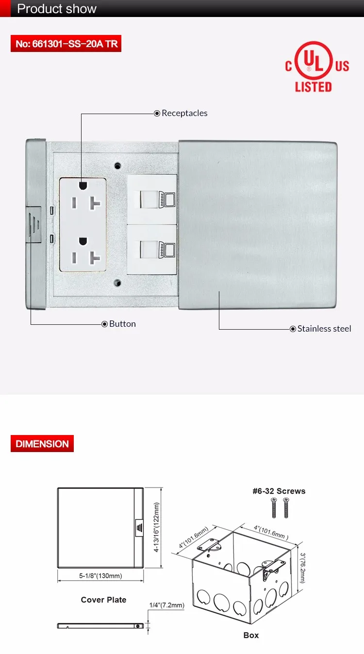 Ultra-thin Flat Push Stainless Steel Electrical Outlets Floor Box ...