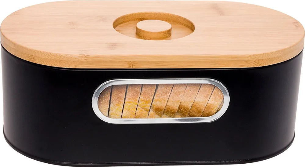 Black 2-in-1 Modern Bread Box With Bamboo Cutting Board Lid Saving ...