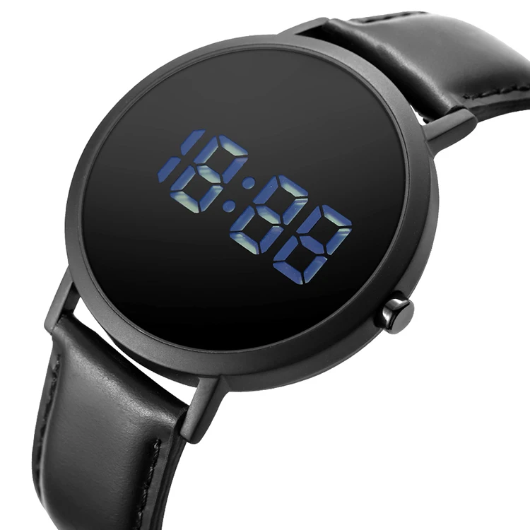 Minimalist Digital Watches Stainless Steel Case Genuine Leather Strap ...