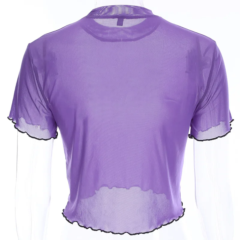 Purple Sexy Woman High Neck Transparent Mesh Crop Top With Print - Buy ...