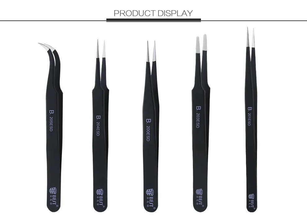 ESD Anti-Static Tweezers Set with Steel Handle Anti-Magnetic Electronic ...