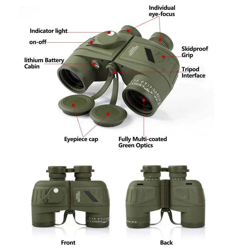Yl1050 Army Binoculars Green 10x50 Porro Prism Distance Measuring ...