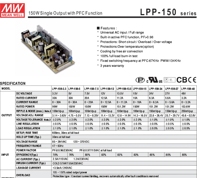 Mean Well Open Frame Lpp-150-48 150w 48v Power Supply With Pfc Function - Buy 150w 48v,150w 48v ...