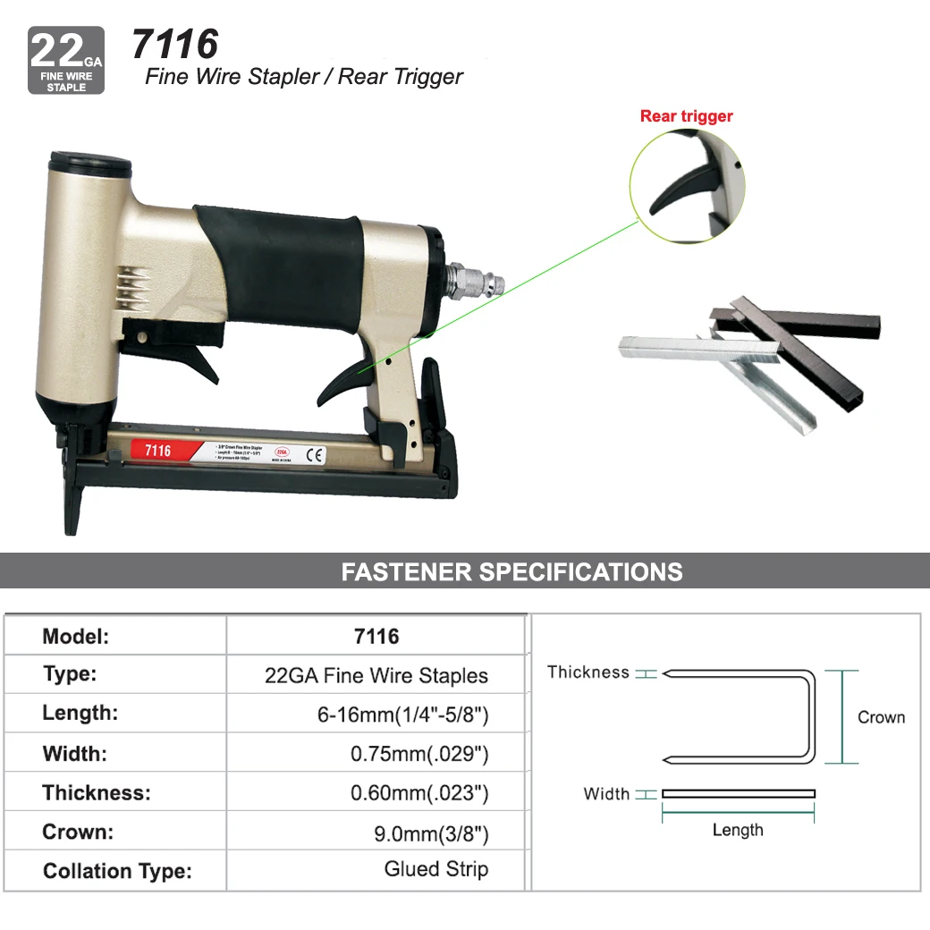 Meite 7116 Pneumatic Staple Gun 22ga 3/8'' Crown Fine Wire Stapler Air ...