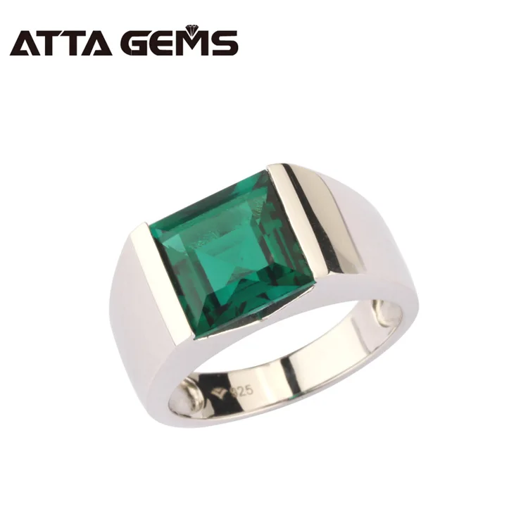 925 Silver Men's Ring with Lab Emerald, Square 10mm Green Stone ...