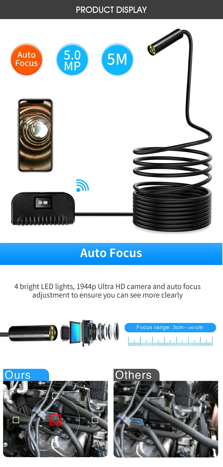 5MP Industrial Endoscope - Auto Focus Wifi Inspection Camera