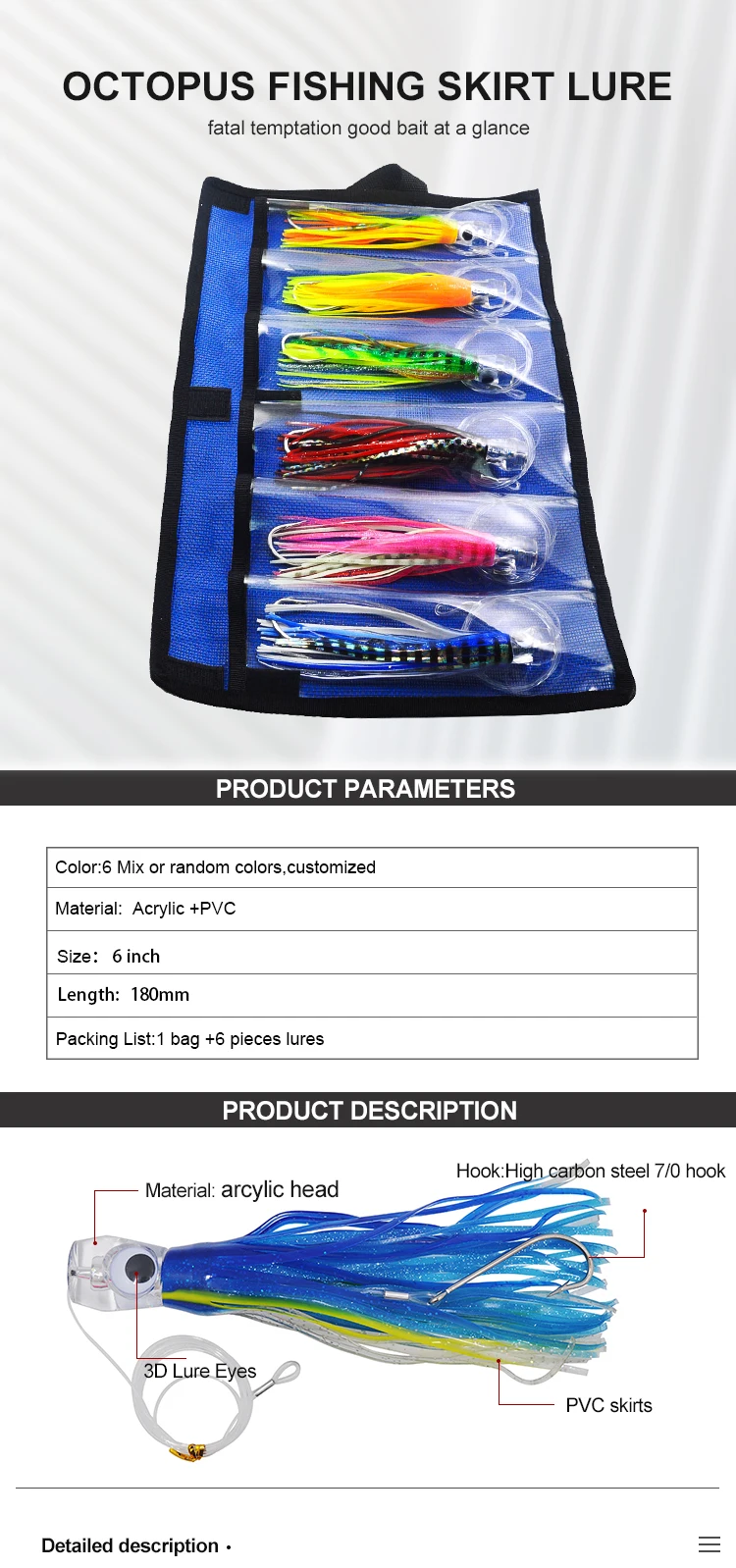 6pcs/set 6.5 Inch Rigged Marlin Tuna Trolling Lures Big Game Octopus ...