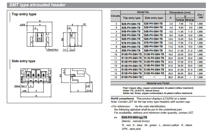 Jst 2.0mm Pitch Ph Series 4 Pin Wire To Board Connector S4b-ph-sm4-tb Smt(lf)(sn) Shrouded ...