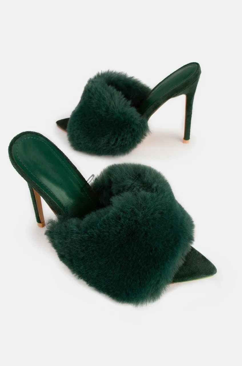 12cm Fashion Design Faux Fur Upper Stiletto Heels Mules Ladies Pointed ...