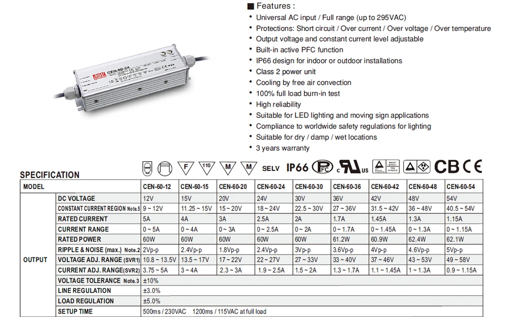 Meanwell Cen-60 Series 60w 48v 1.3a Cen-60-48 Single Output Led Power ...