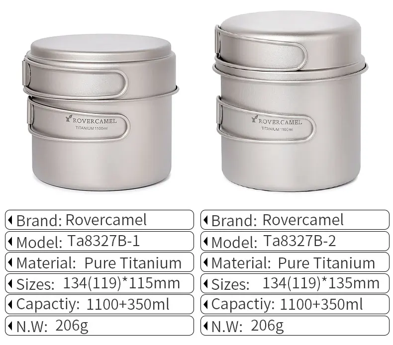Outdoor Titanium Backpacking Cookware 2-piece Set 1100ml Pot With 350ml ...