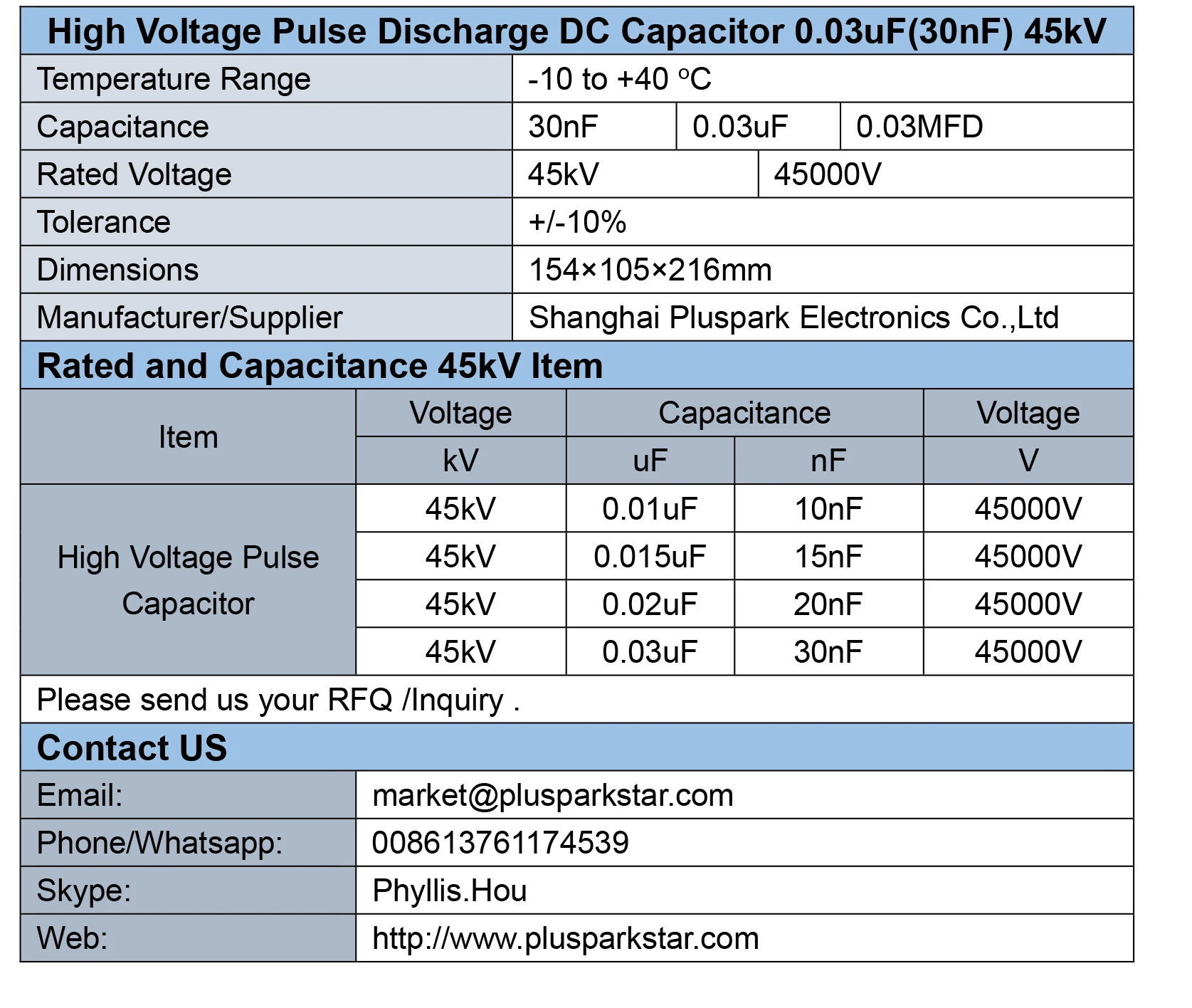High Voltage Capacitor 45kv 0.03uf - Double Ended Plastic