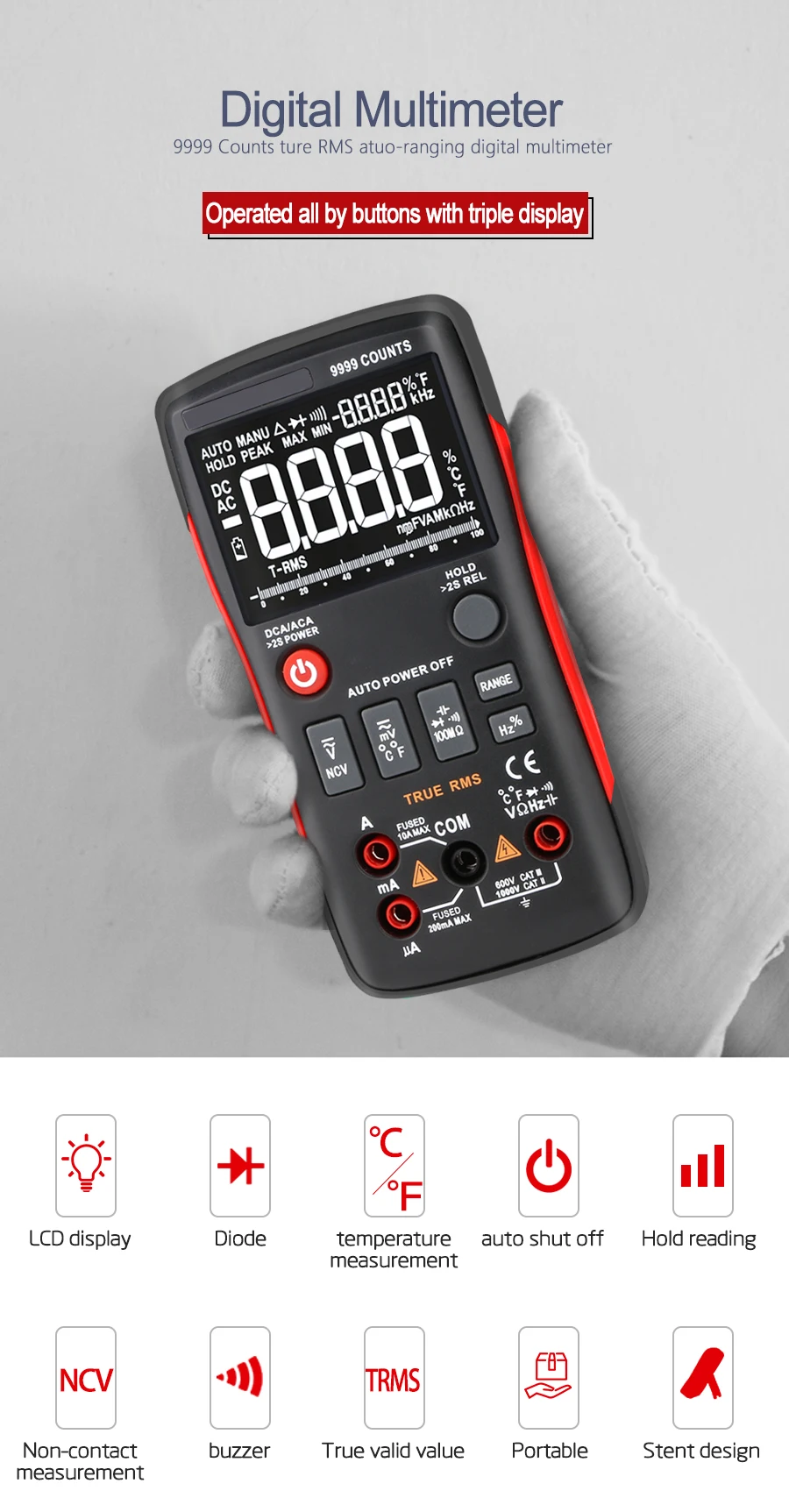 True-rms Digital Multimeter 9999 Counts With Analog Bar Graph Auto ...