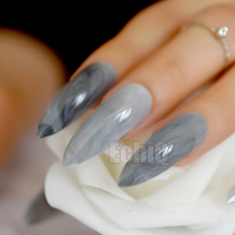 Extra Long Gray Marble Stiletto False Nails Tips Oval Sharp End ...