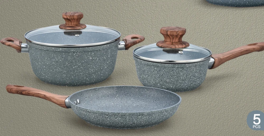 5 Pcs Forged Aluminum Marble Coating Cookware With Wooden Handle - Buy ...
