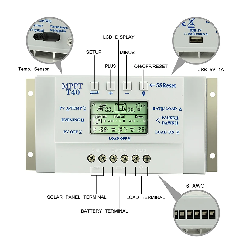 Powmr MPPT 40A 12/24V Solar Charge Controller - Auto Mode