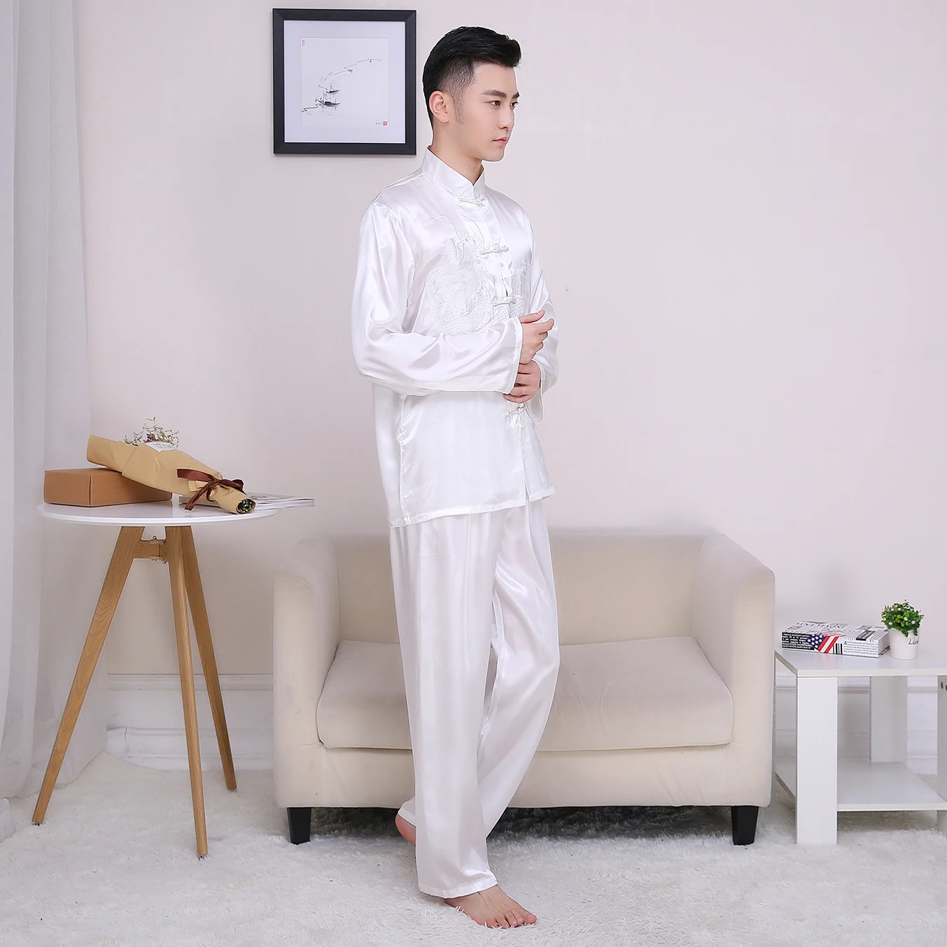 Chinese Style Adult Onesie Pajamas Men Luxury Men's Embroidery Silk ...
