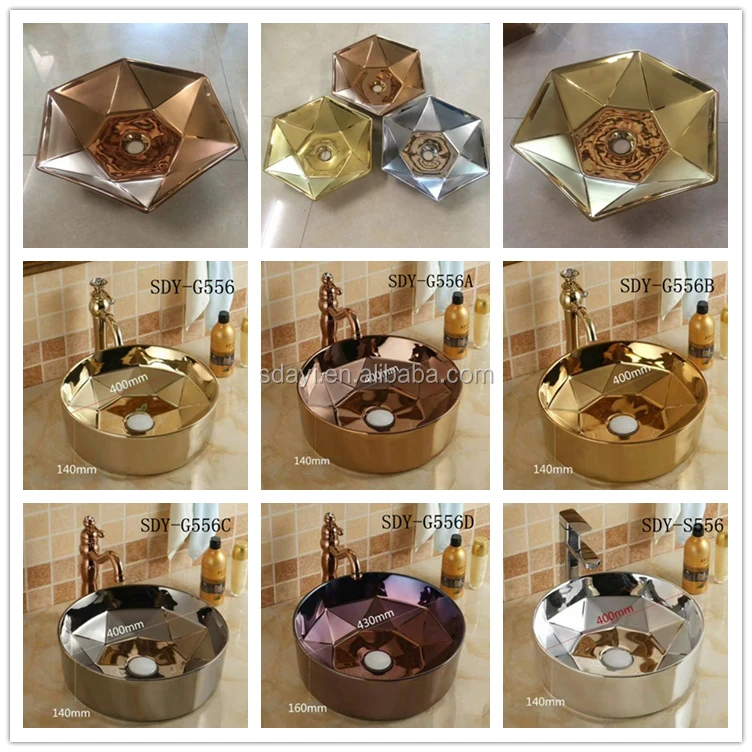 Bathroom Golden Color Pedestal Sink Basin Black And Gold Color Ceramic ...