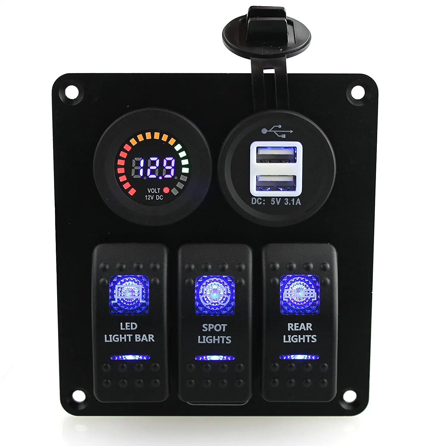 3 Gang Blue Led Rocker Switch Panel With 3.1a Dual Usb & Digital ...