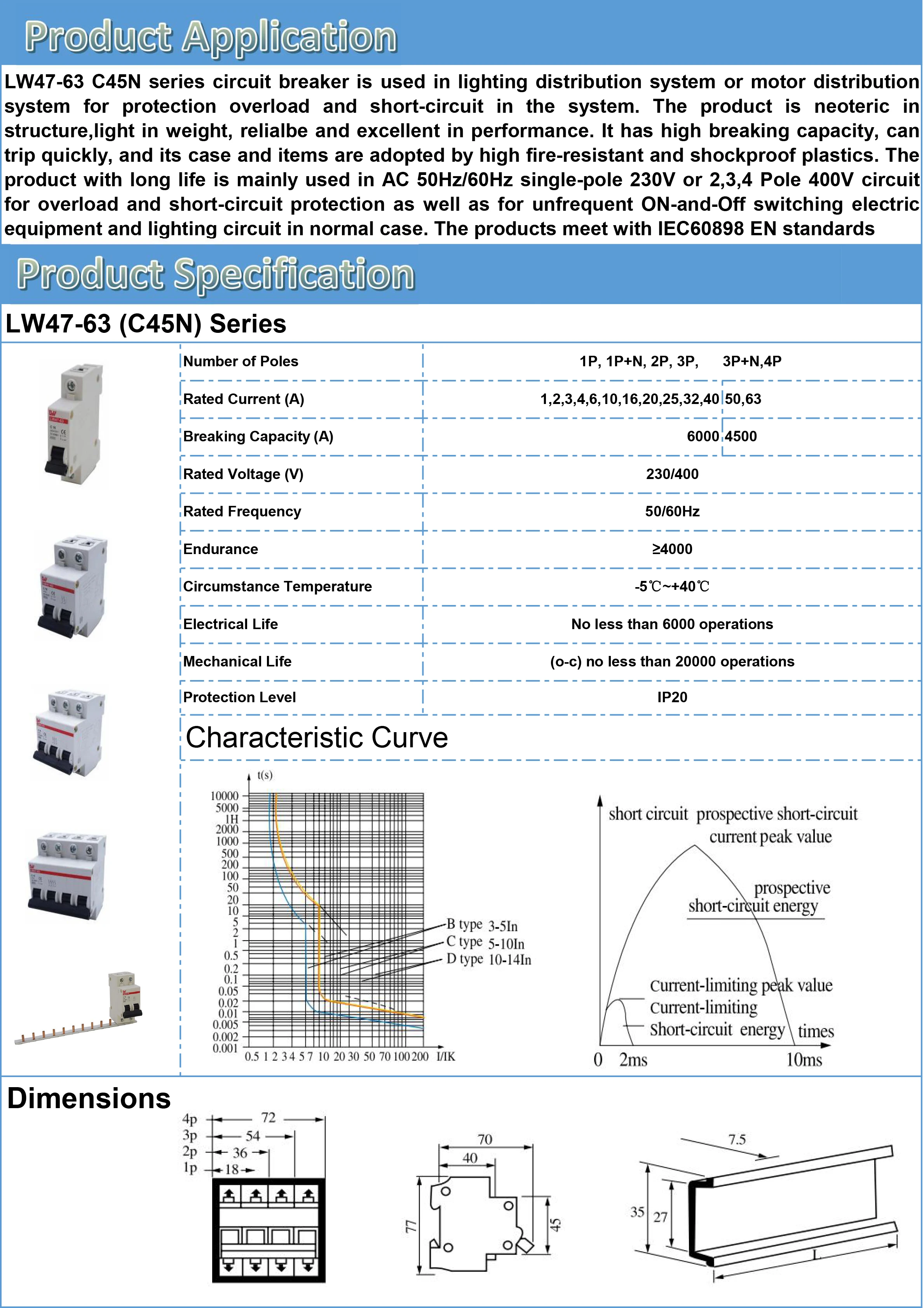 C45n Type Miniature Circuit Breaker Mcb Lw Brand Lw47-63 2p Earth ...
