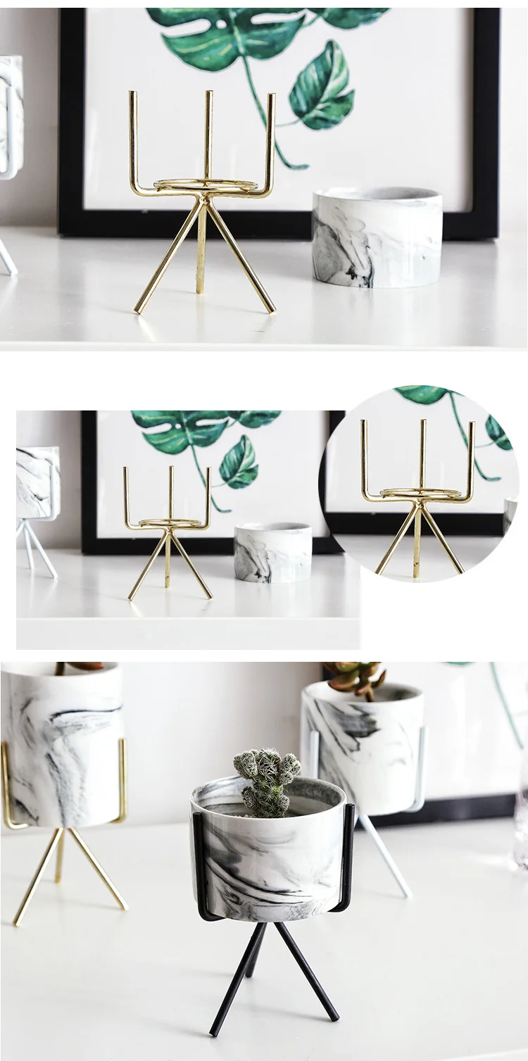 Ceramic Marble Pot With Metal Stand For Succulent Plant Mini Pot For ...