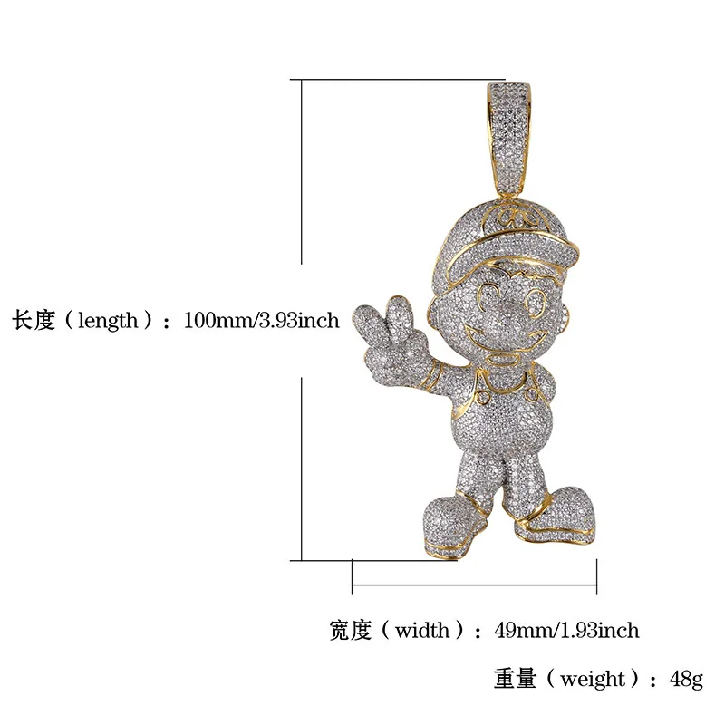 Hiphop Iced Out Cartoon Character Zircon Mario Big Pendant Cuba Chain