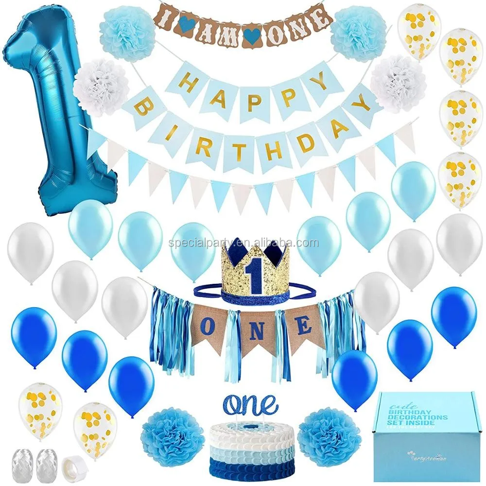 1st Birthday Boy Decorations Blue Happy Birthday Banner For One Bday ...