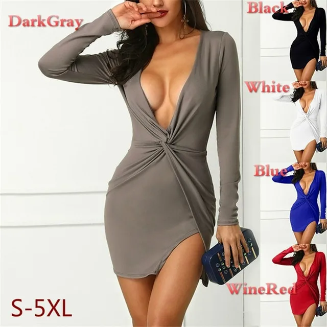 5xl Fashion Women Sexy Low Cut Dress Long Sleeve Wrap Party Dress Plus Size Buy Sexy Dress