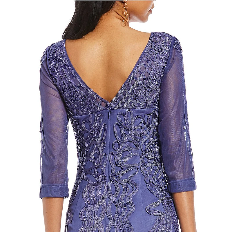 Soutache Mesh Gown - Elegant 3/4 Sleeve Back Split Dress