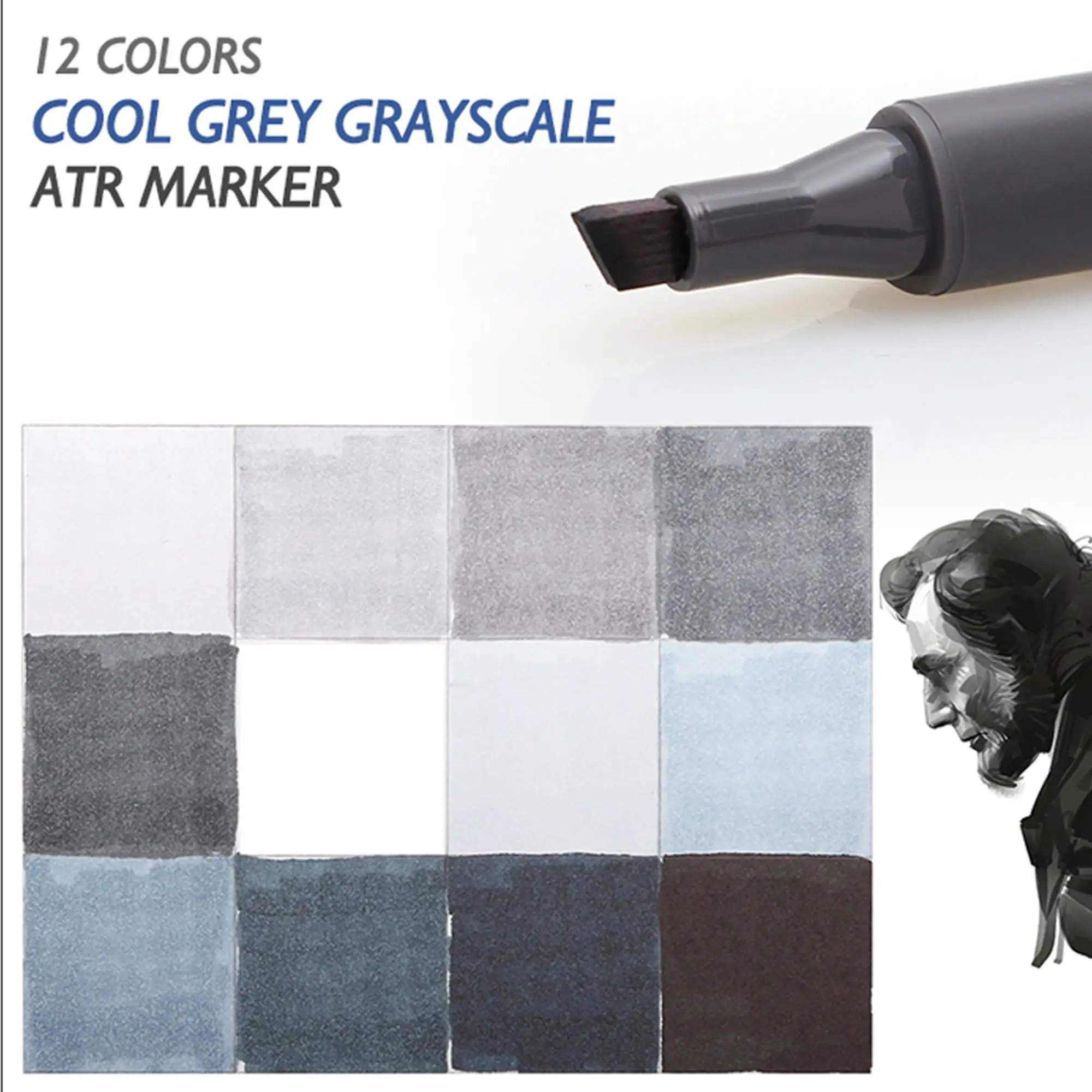 12 Cool Grey Colors Marker Pen Grayscale Dual Head Art Markers Set For ...